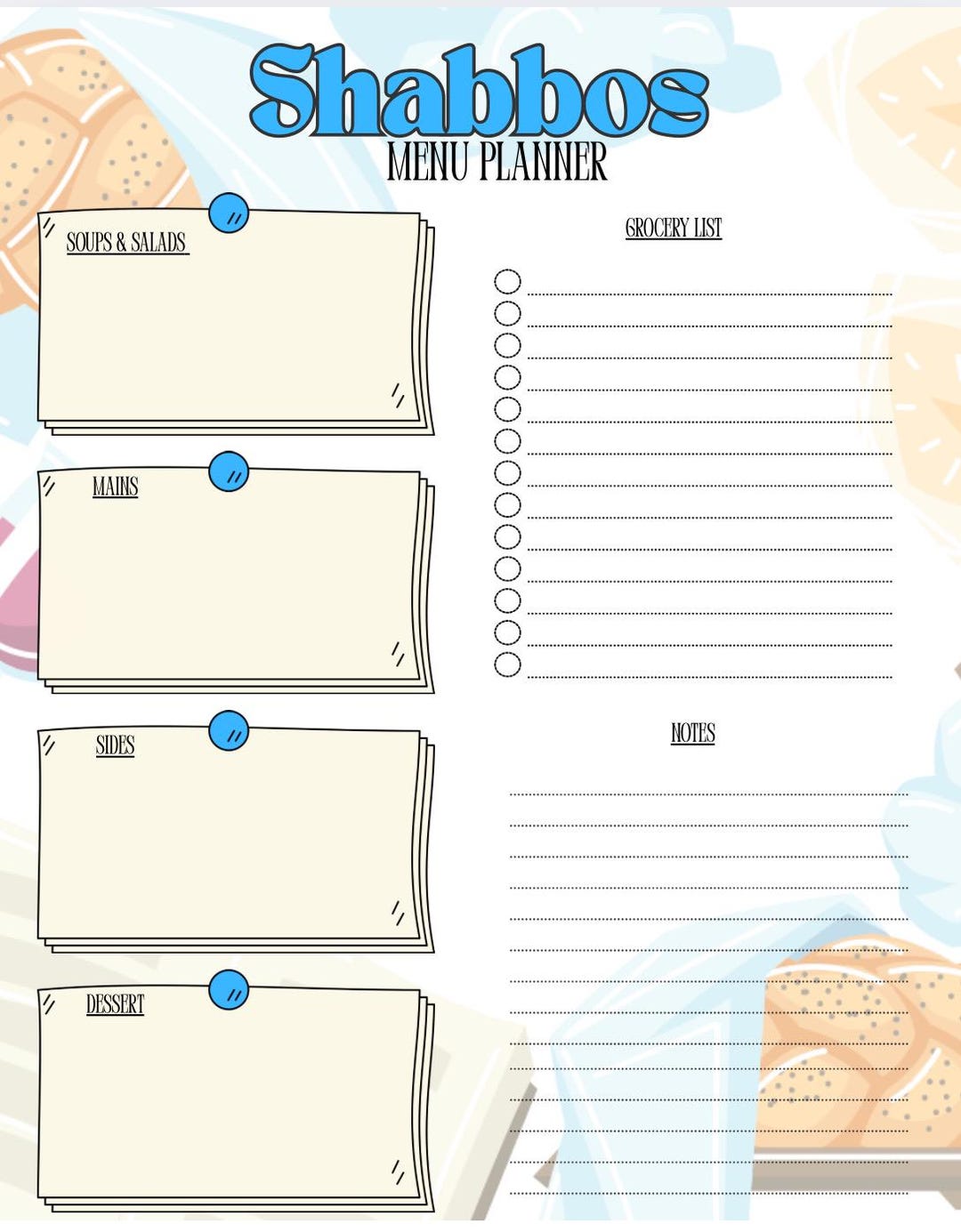 Shabbos Menu Planner Printable - Etsy Canada