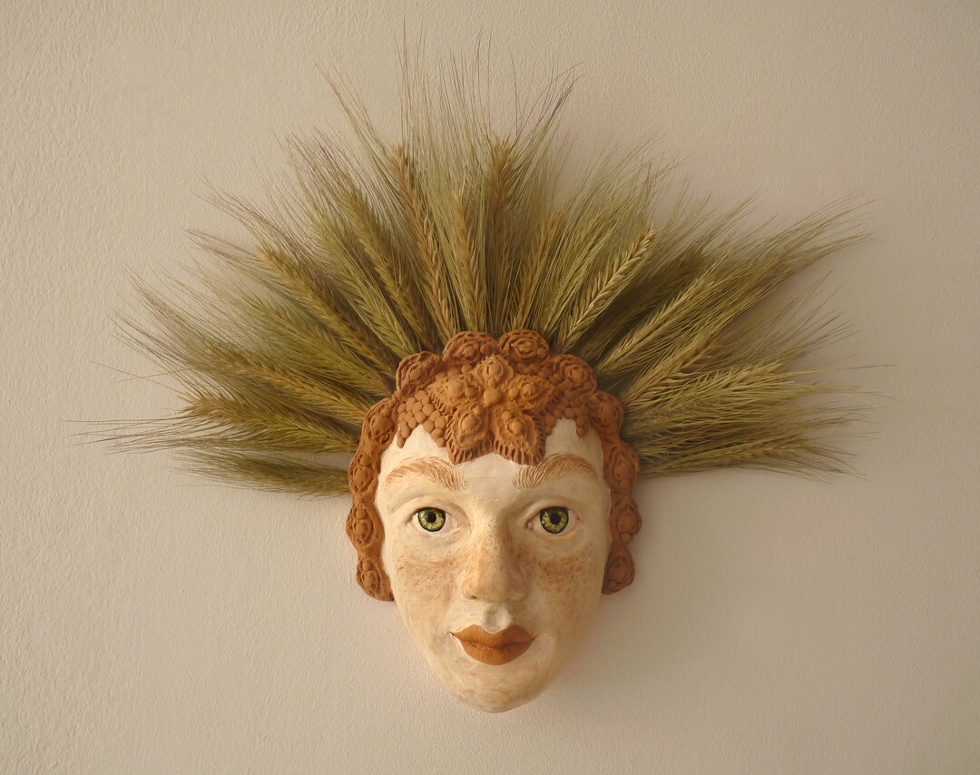 Handmade Ceramic Mask Sculpture: Folk Art Woman Portrait, Green ...