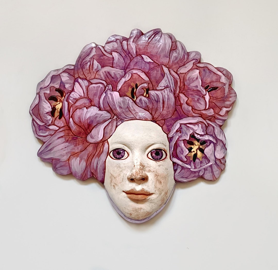 Tulip Wreath Contemporary Wall Sculpture Art Mask Handmade Ceramic Clay ...