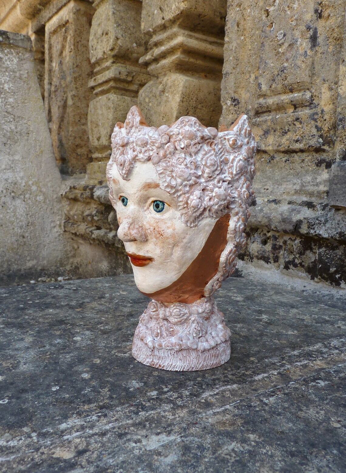 Original Handmade Ceramic Two Faces Vase White Mask Sculpture Portrait Girl Face Woman Folk Clay ...