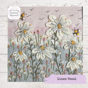 Daisy & Bee Hand Embroidery Fabric Panel: Pre-printed Colour Linen ...