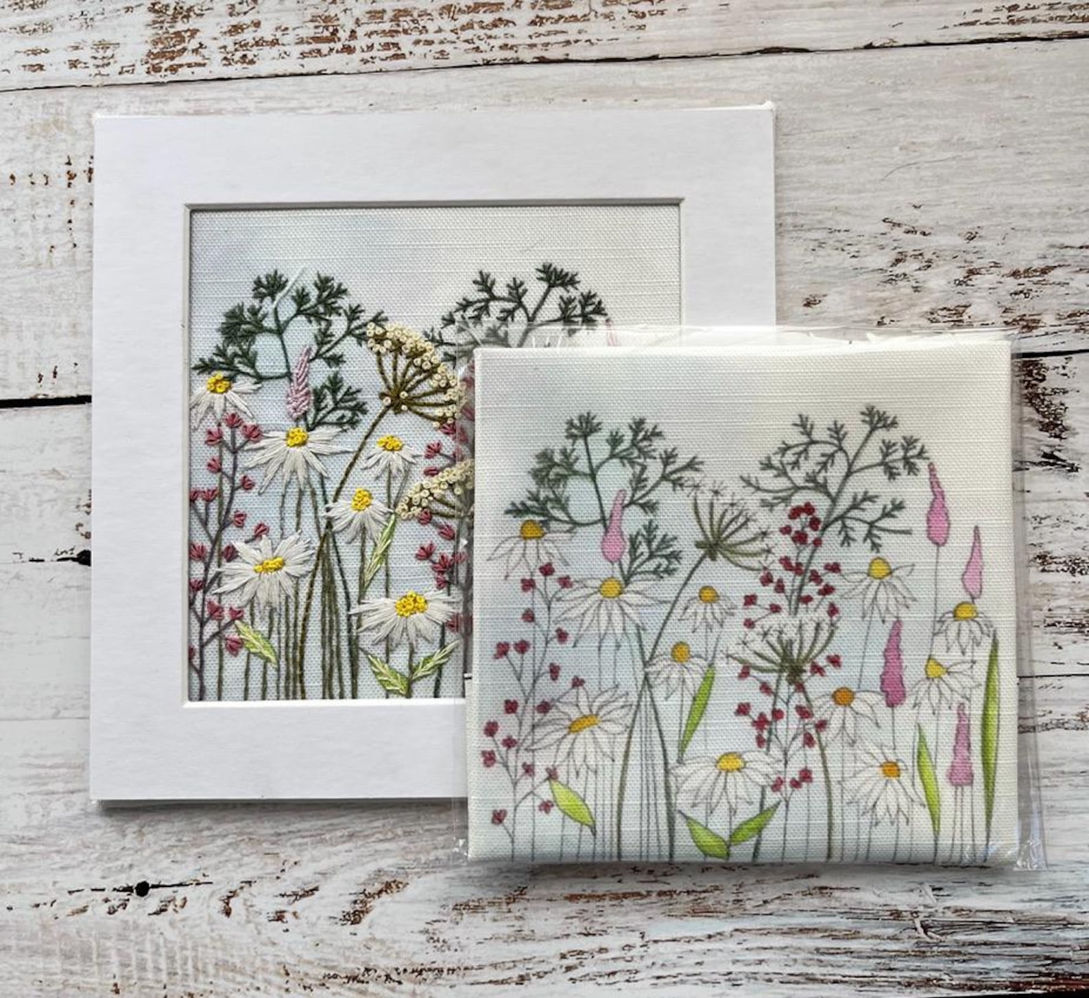 Daisy & Cow Parsley Hand Embroidery Full Kit: Pre-printed Colour Linen ...