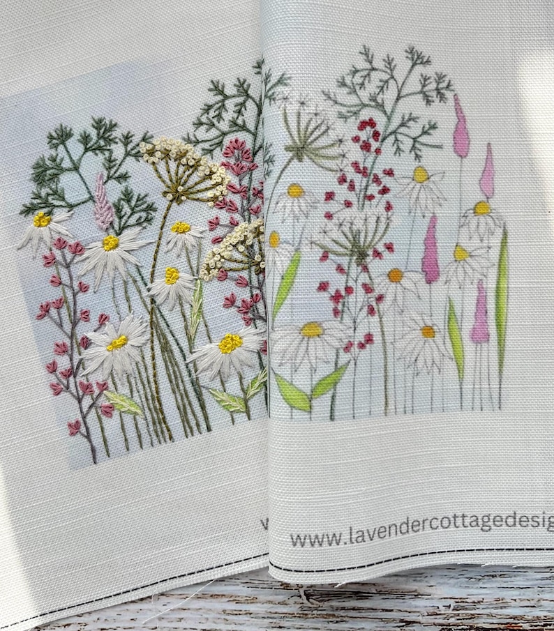 Daisy & Cow Parsley Hand Embroidery Full Kit: Pre-printed Colour Linen ...