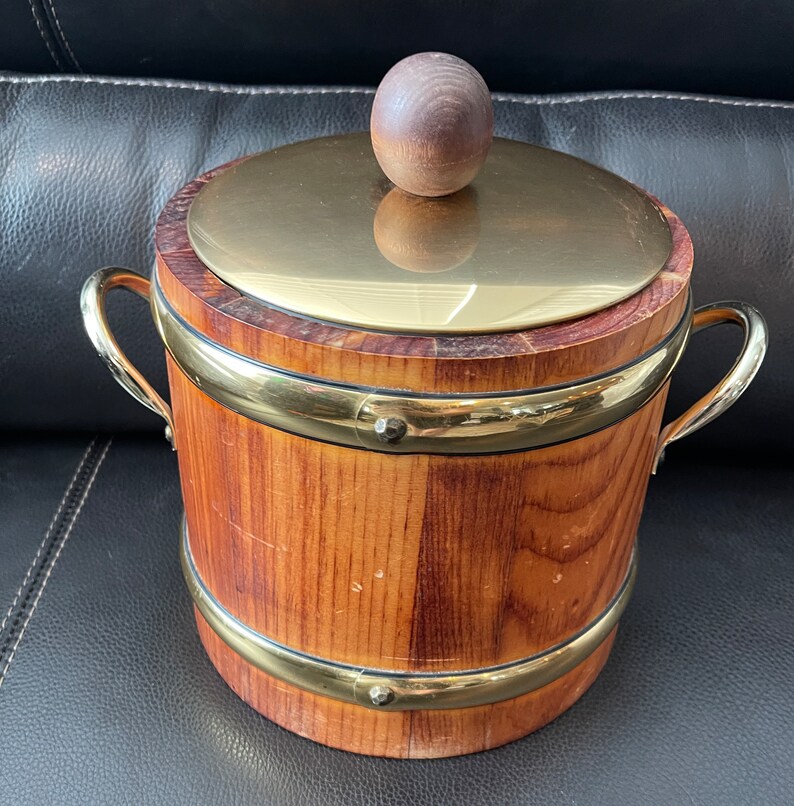 Vintage Kraftware Wooden Ice Bucket With Gold Colored Bands Lid and ...