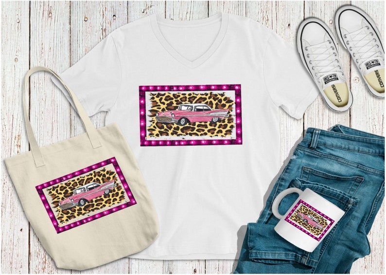 Vintage pink car with leopard background-PNG-300 DPI This | Etsy