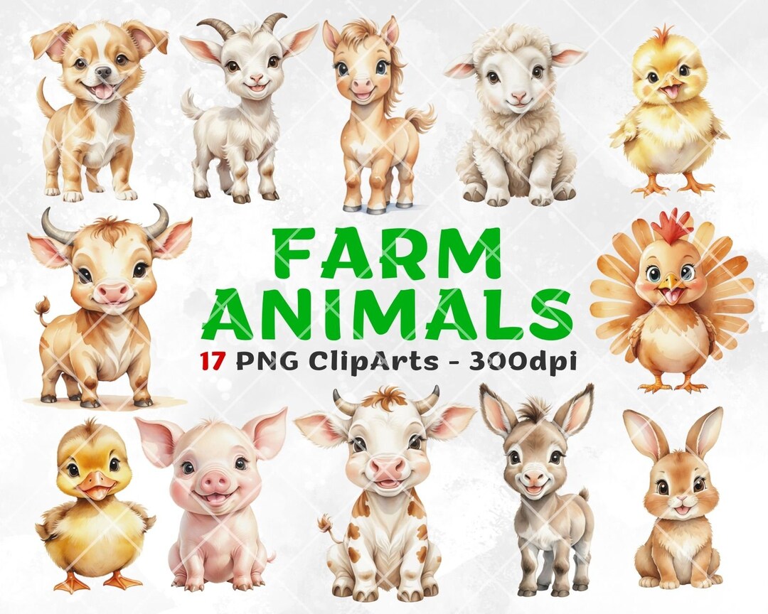 Farm Animals Clipart PNG Bundle, Farm Animals Watercolor Clipart, Cute ...