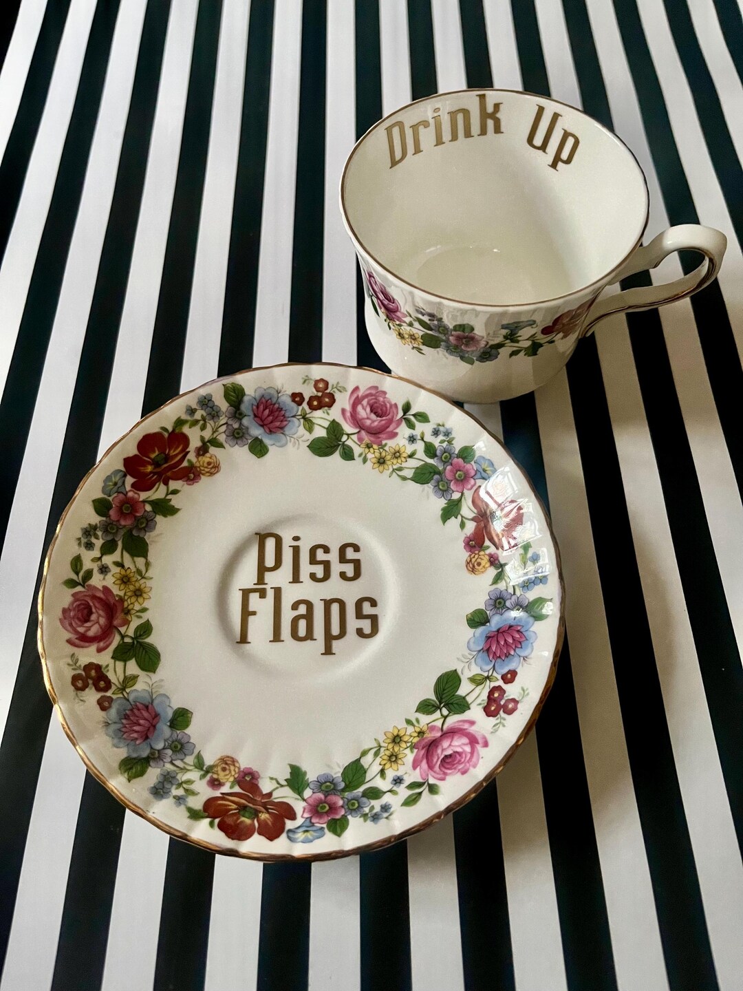 Rude Kitsch Tea Cup Set: "drink up Piss Flaps" - Vintage Decor - Etsy