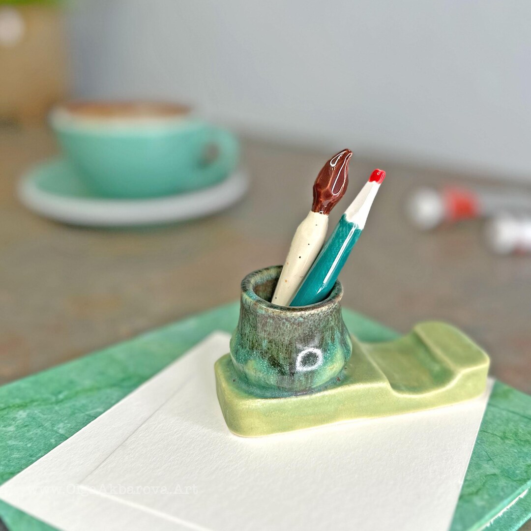 Patina Green Ceramic Brush Holder | Handmade Artist Gift - Etsy