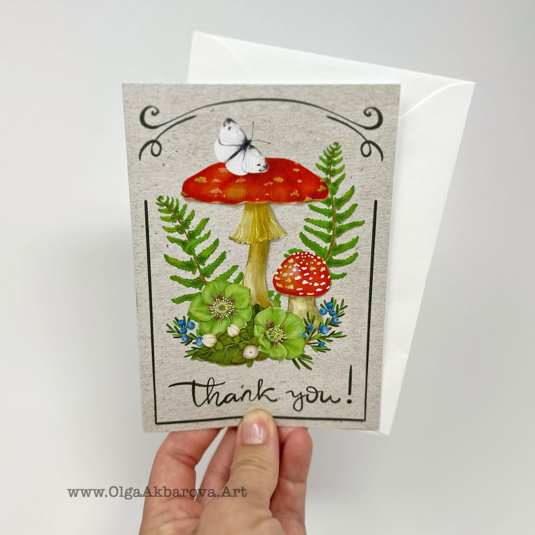 Vintage Mushroom Thank You Card Features a Hand-painted Artwork by Olga ...