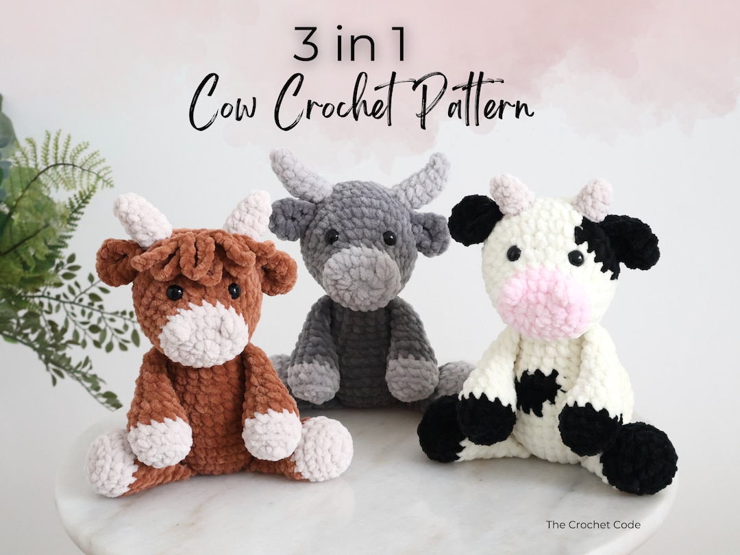 3 in 1 Cow Crochet Patterns, Dairy Cow, Highland Cow and Bull Amigurumi ...