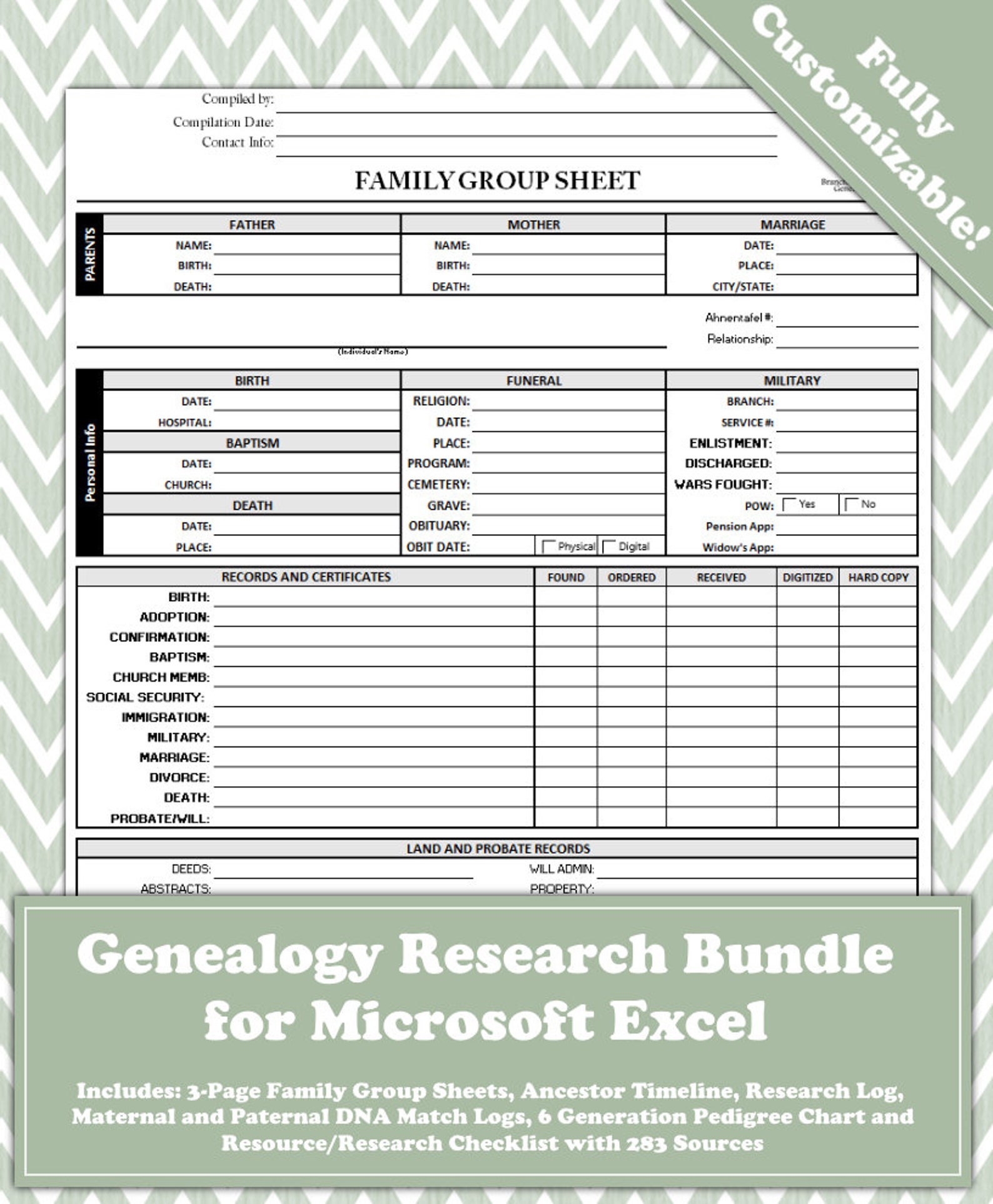 9 Pg Family Research Bundle FOR EXCEL- Fully Customizable | Family ...