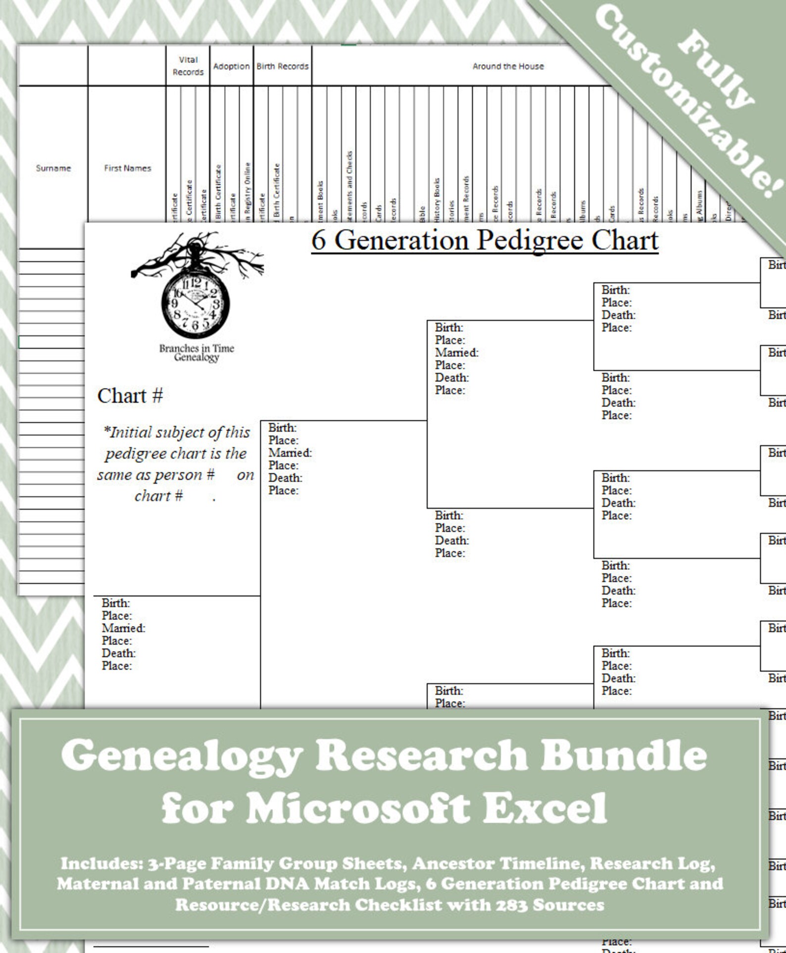 9 Pg Family Research Bundle FOR EXCEL- Fully Customizable | Family Genealogy Binder | Genealogy ...
