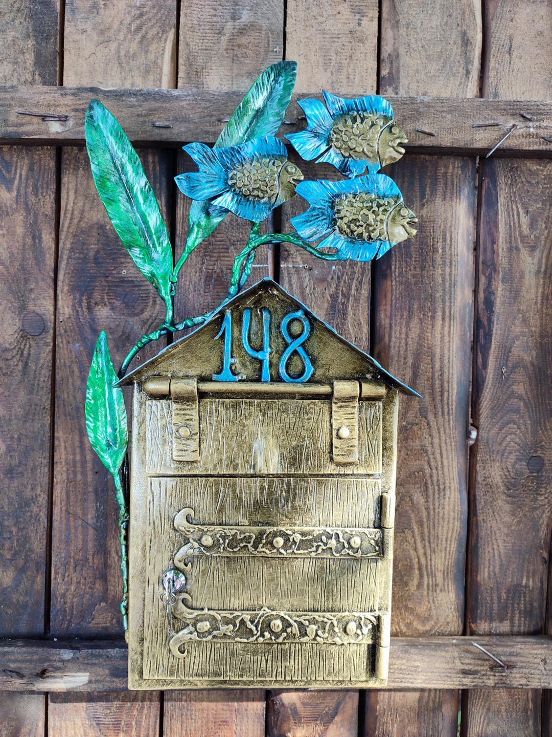 Forged Mailbox House | Wrought Iron Post Box With Fish and Plants ...