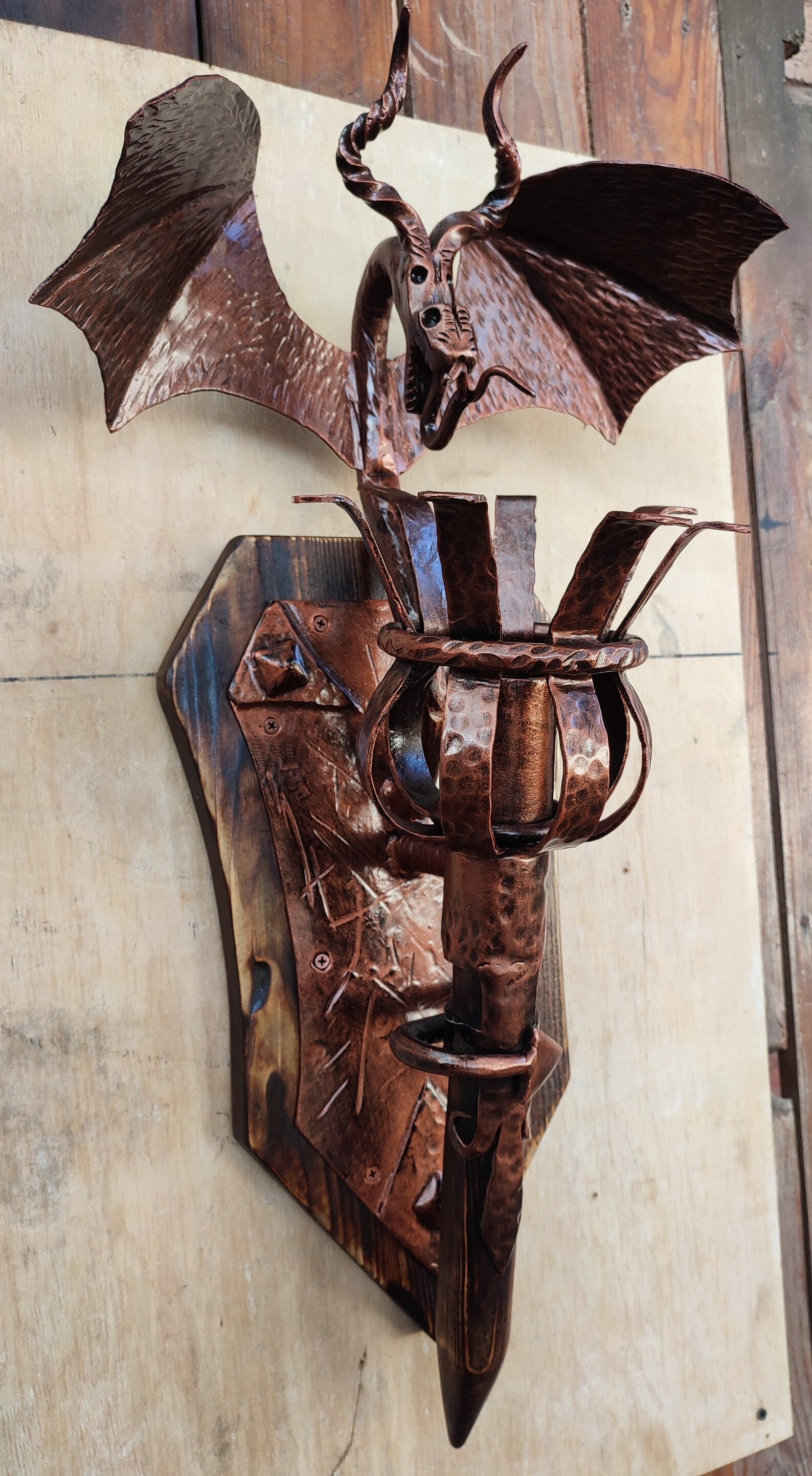 Lamp. Dragon on the Shield. Cave Wall Decor. Wall Lighting.steel Torch ...