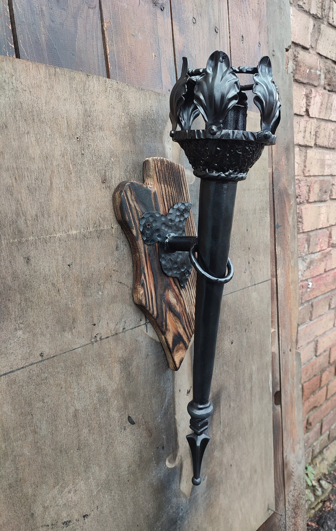 Medieval Forged Wall Torch – Rustic Steel Sconce With Wooden Base ...