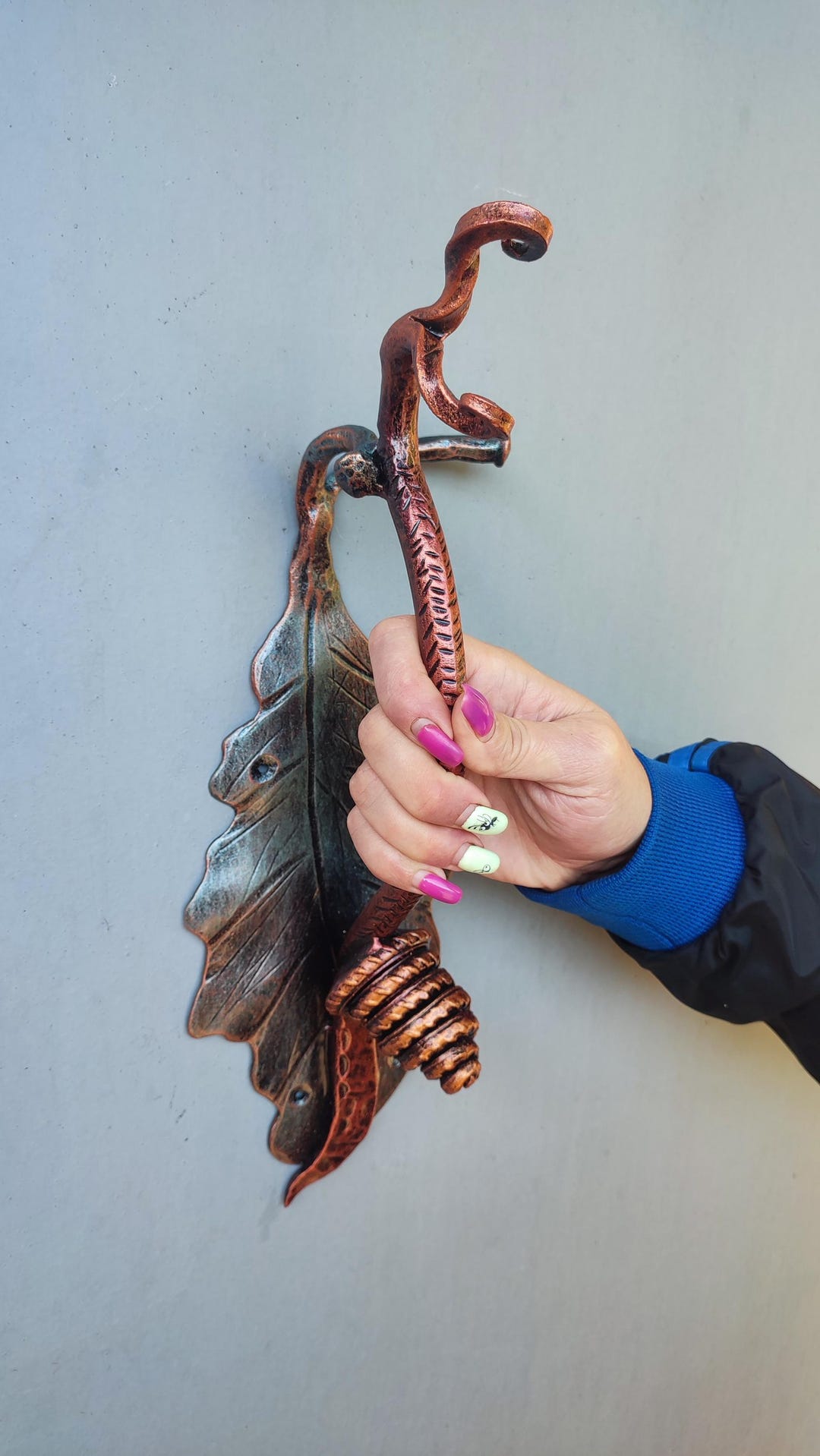 Wrought Iron Oak Leaf Door Handle With Snail – Hand-forged Rustic Pull ...