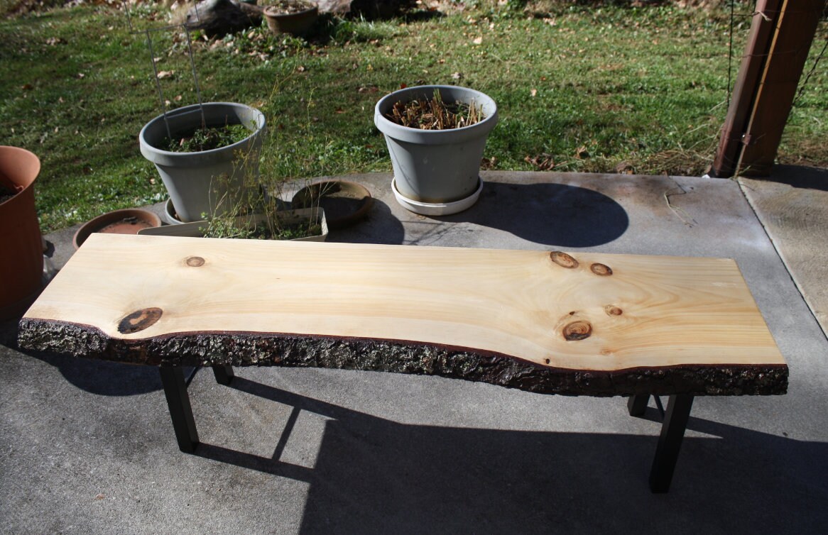 Live Edge Pine Bark Bench Seat With Steel Legs Living - Etsy
