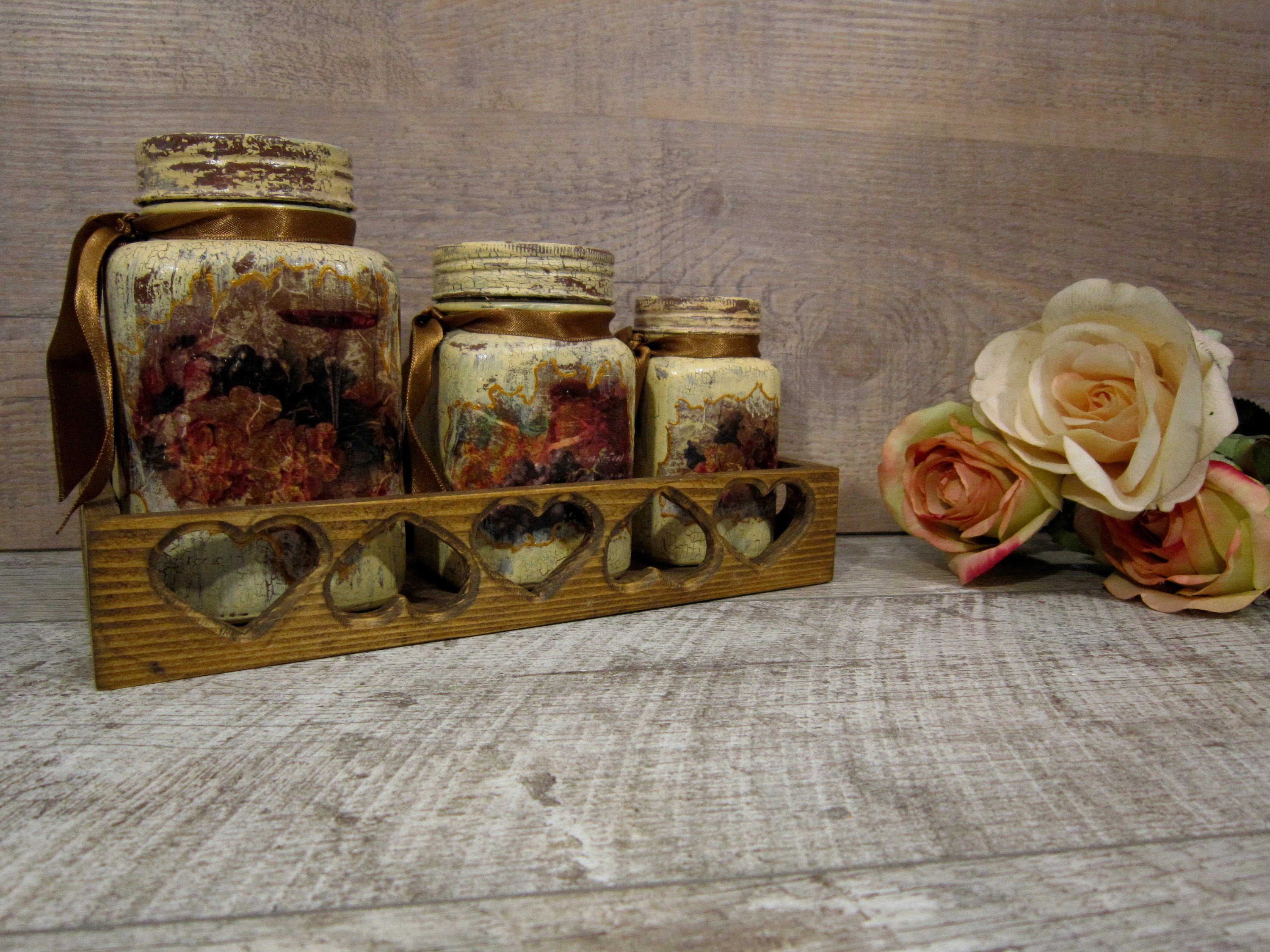 Handmade Set of Three Jars With Wooden Basket,vintage Style,table Decor ...