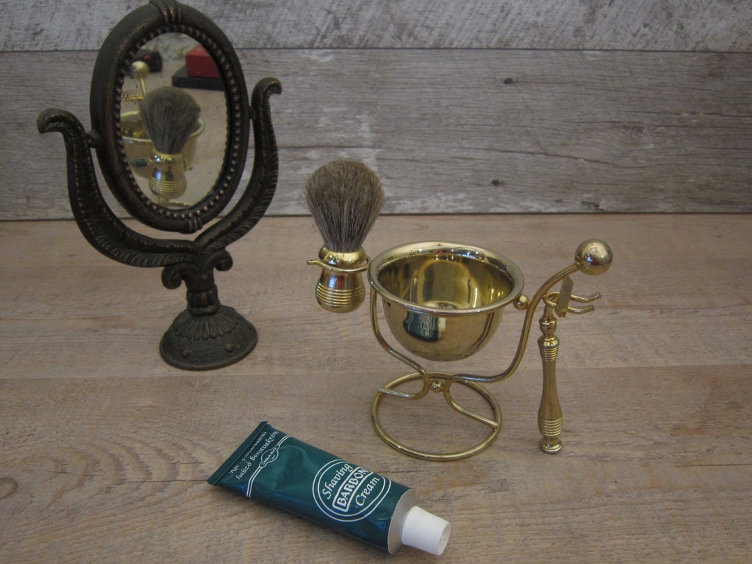 Vintage Shaving Set With a Razor Brush and Pot, Cup, Brass, Golden ...