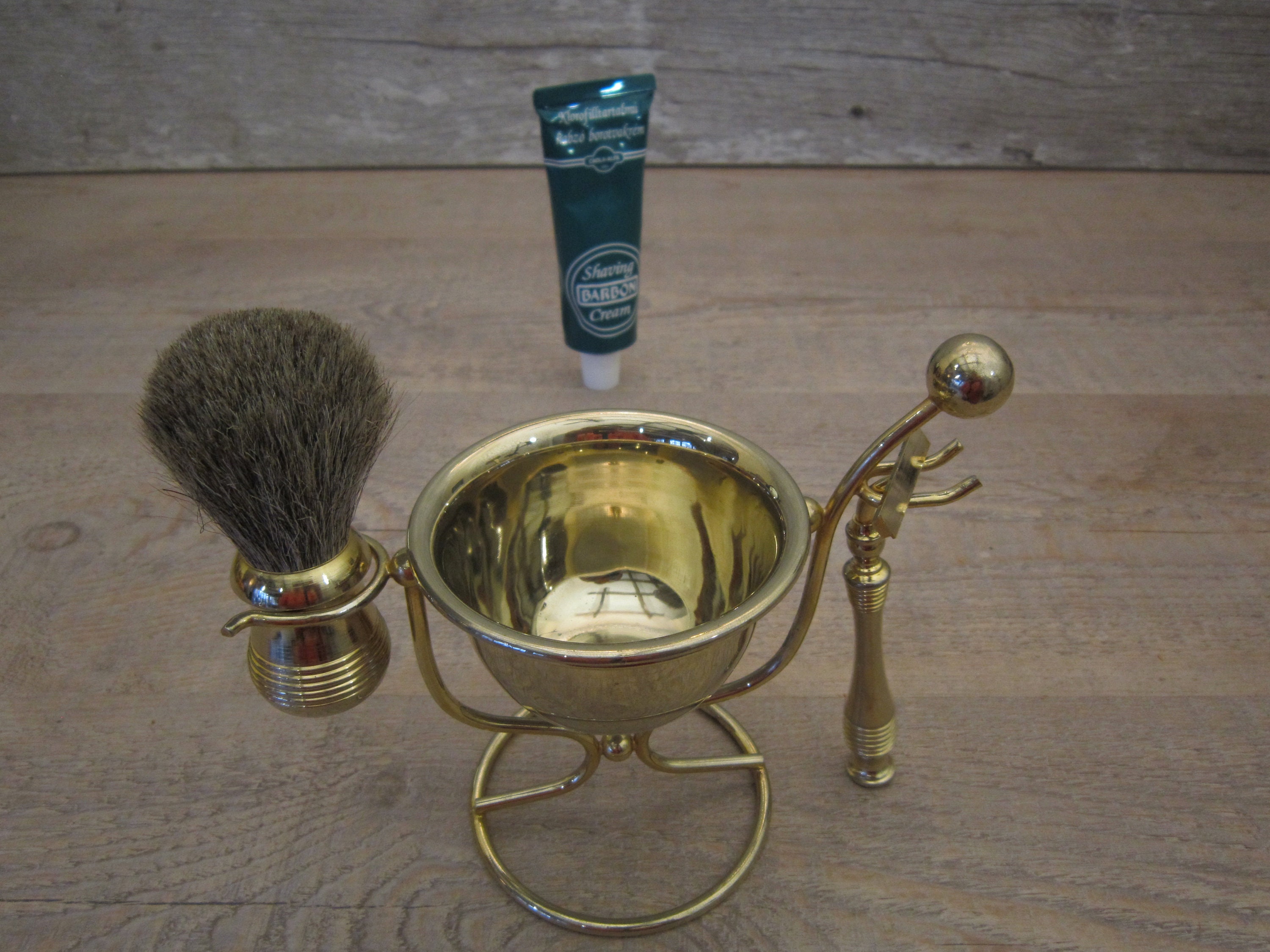 Vintage shaving set with a razor brush and pot cup brass | Etsy