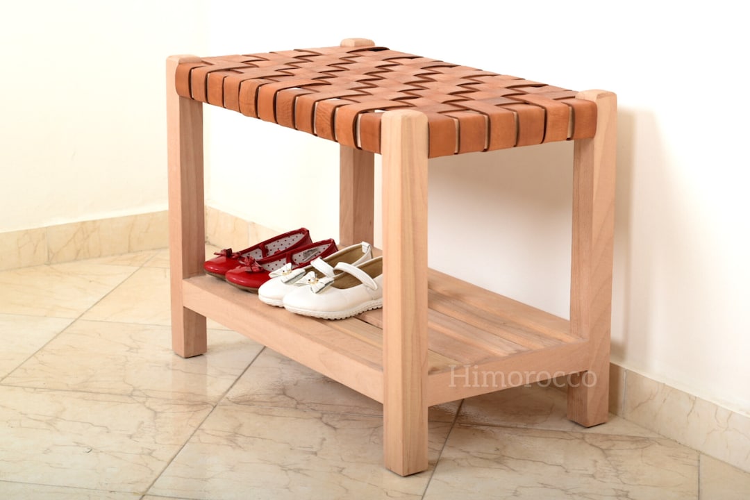 Leather Strap Bench With a Shelf Below for Storage . Beech Wooden Bench ...