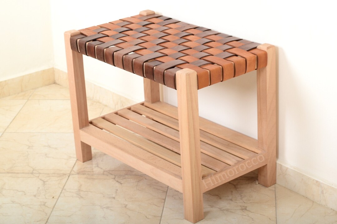 Leather Strap Bench With a Shelf Below for Storage . Beech Wooden Bench ...