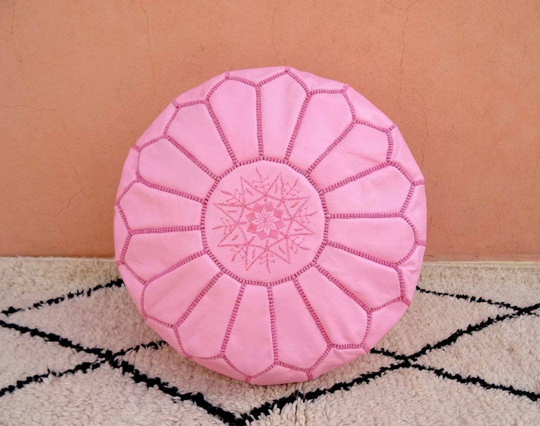 Pink Leather Pouf With Top Embroidery, Pink Moroccan Pouf, Luxury ...