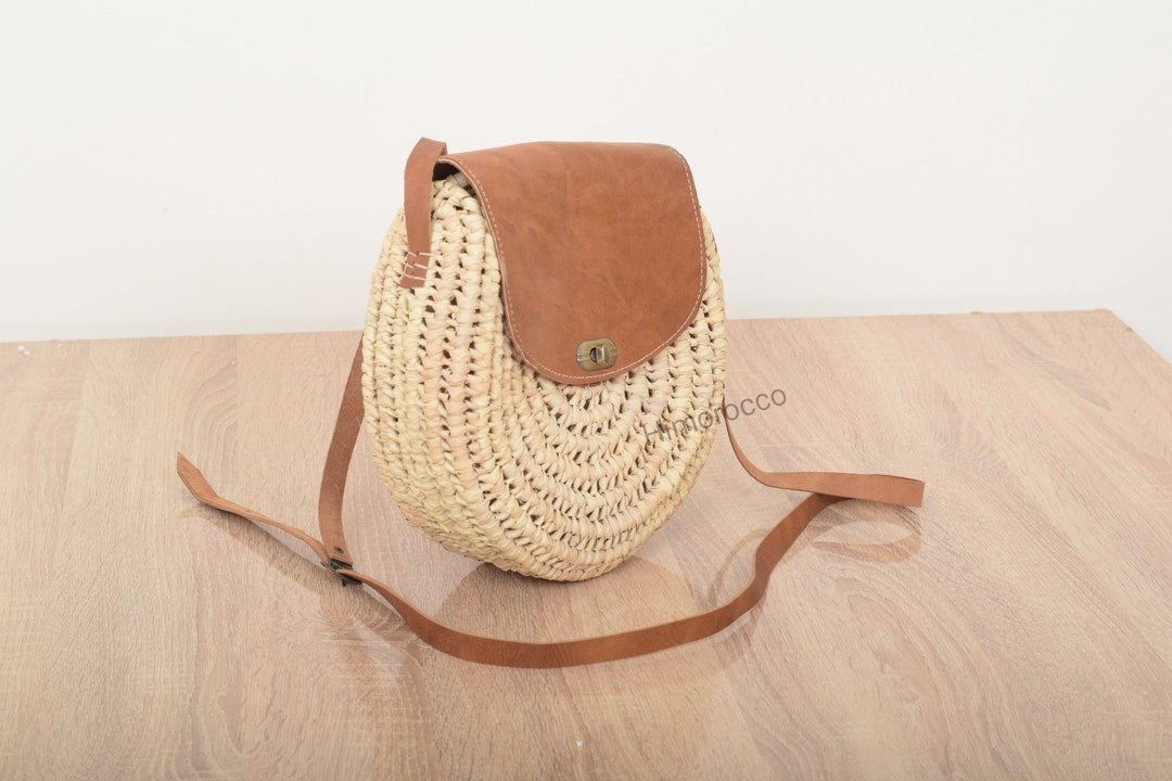 Round Woven Straw Bag With Leather Strap - Straw Crossbody Bag - Etsy