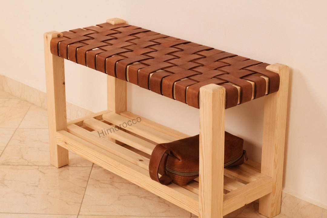 Leather Strap Bench With a Shelf Below for Storage . Wooden Bench With ...
