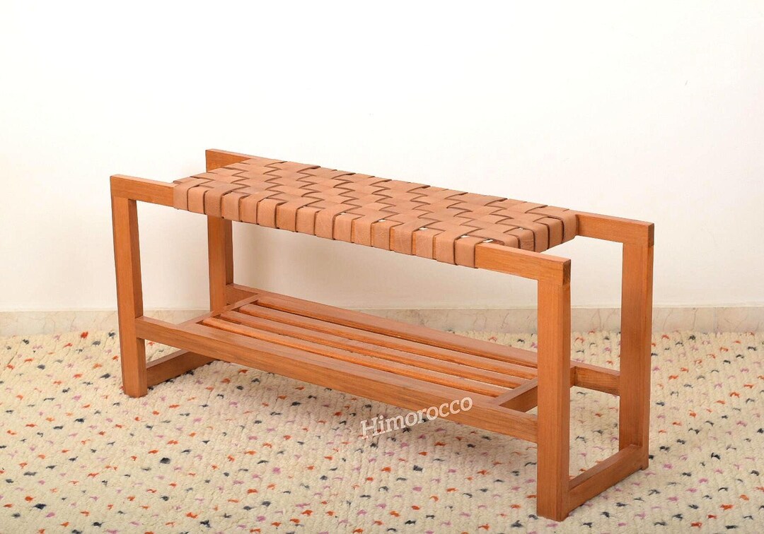 Leather Strap Bench With a Shelf Below for Storage . Polished Beech ...