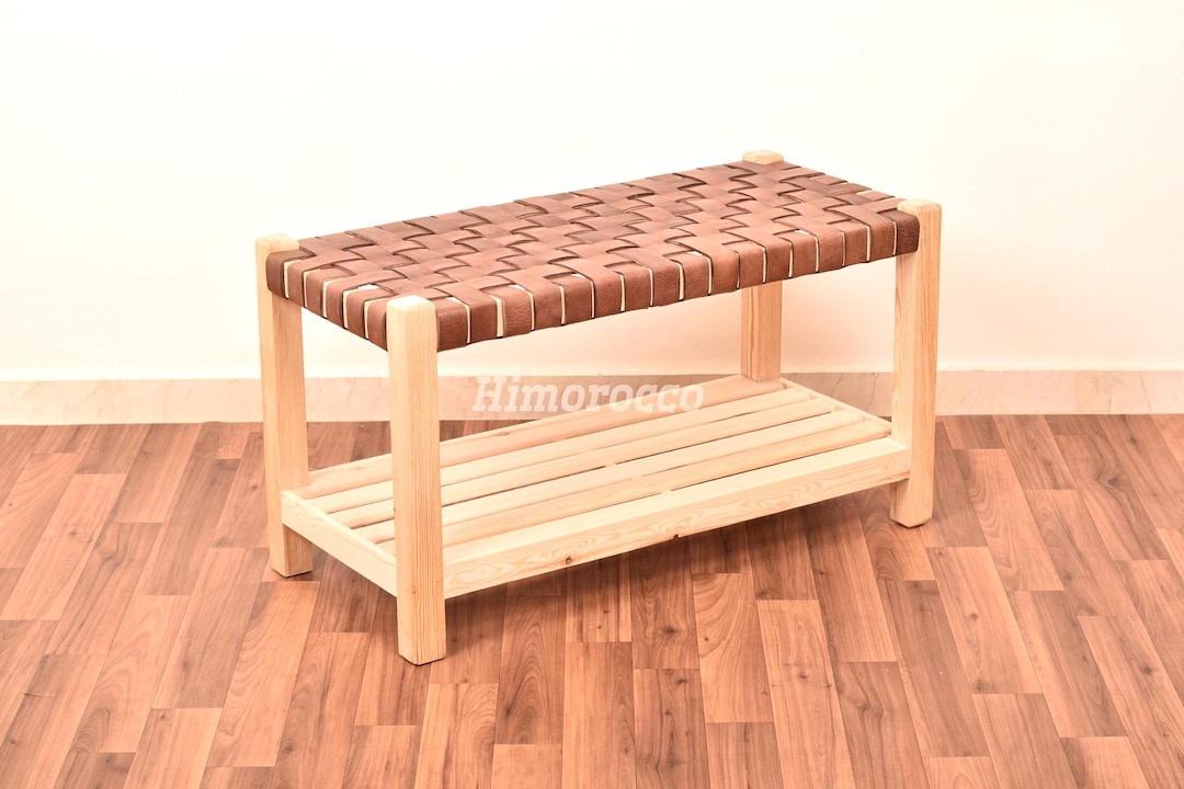 Leather Strap Bench With a Shelf Below for Storage . Wooden Bench With ...