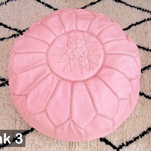 Stuffed Pink Leather Pouf With Top Embroidery, Pink Moroccan Pouf ...