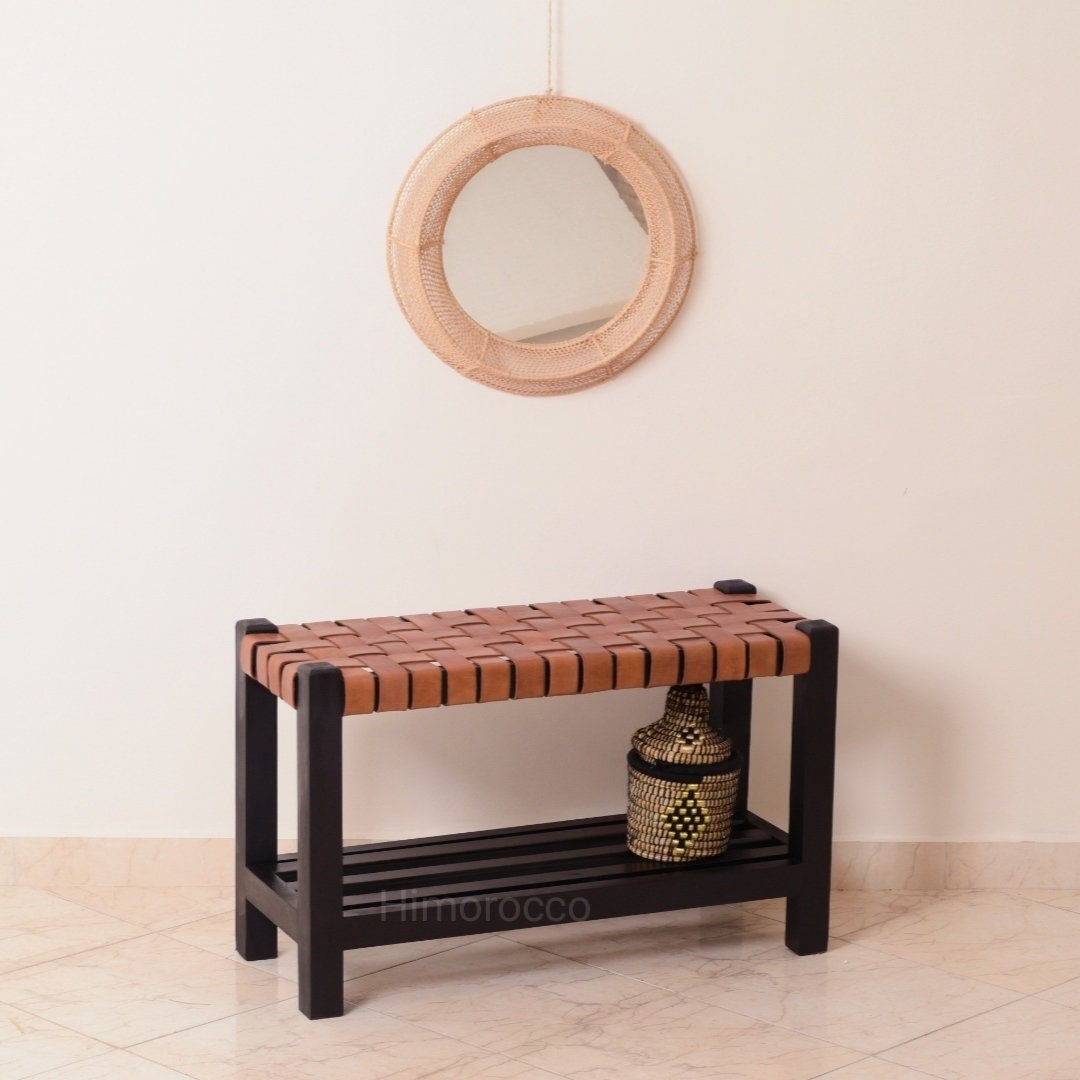 Leather Strap Bench With a Shelf Below for Storage . Black Wooden Bench ...