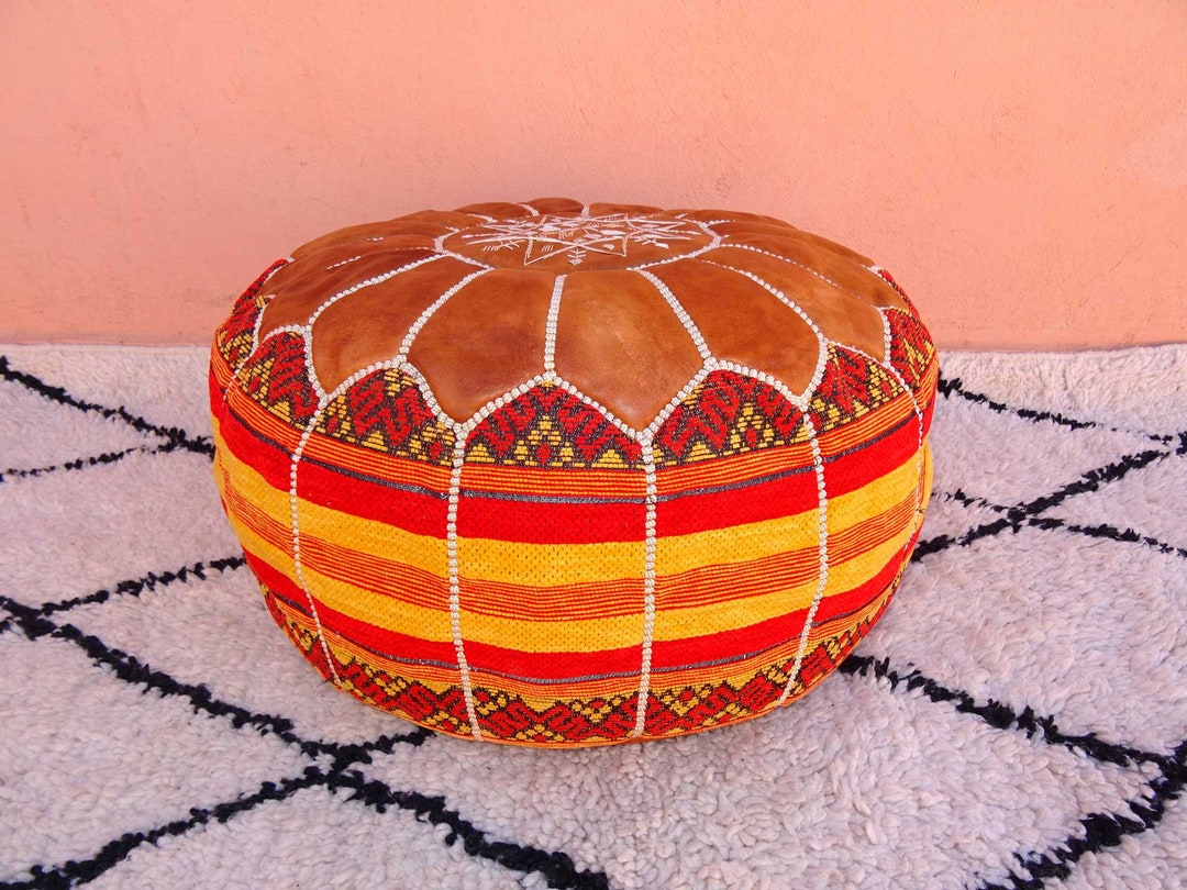 Moroccan Footstool Pouf Made of Leather and Cloth - Moroccan Ottoman ...