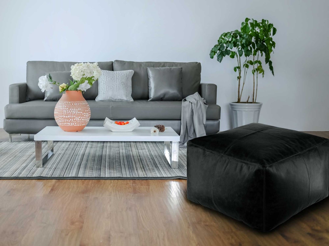 Moroccan Black Square Leather Pouf Cover, Handmade Square Leather Pouf ...