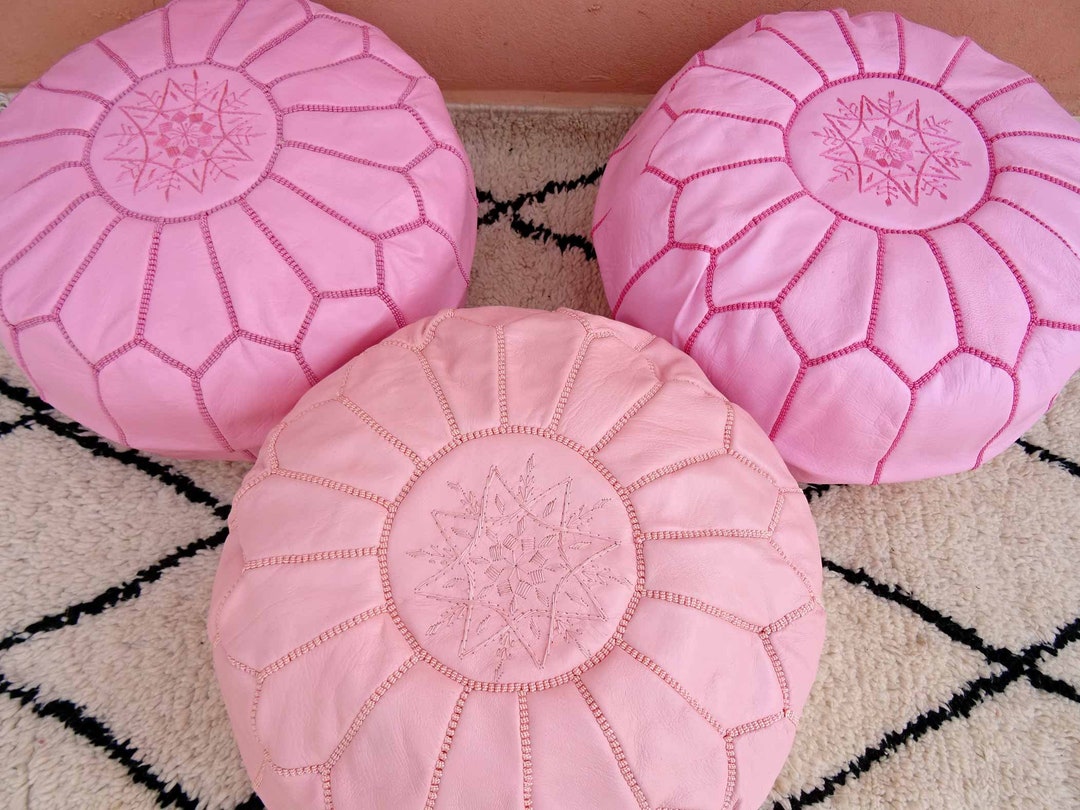 Stuffed Pink Leather Pouf With Top Embroidery, Pink Moroccan Pouf ...