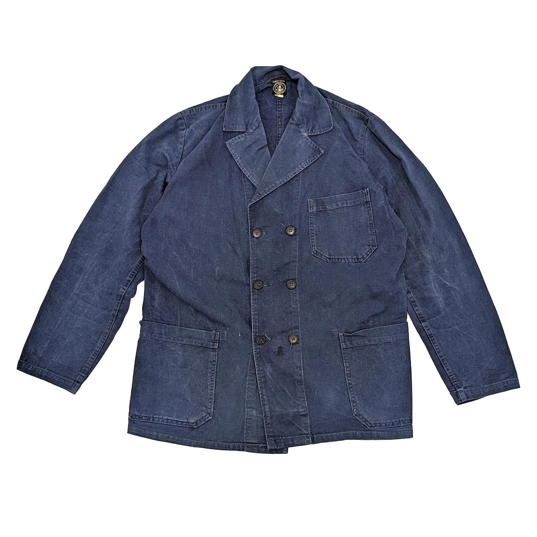 Vintage 60s Cevaco Double Breasted Work Chore Indigo Blue Jacket ...