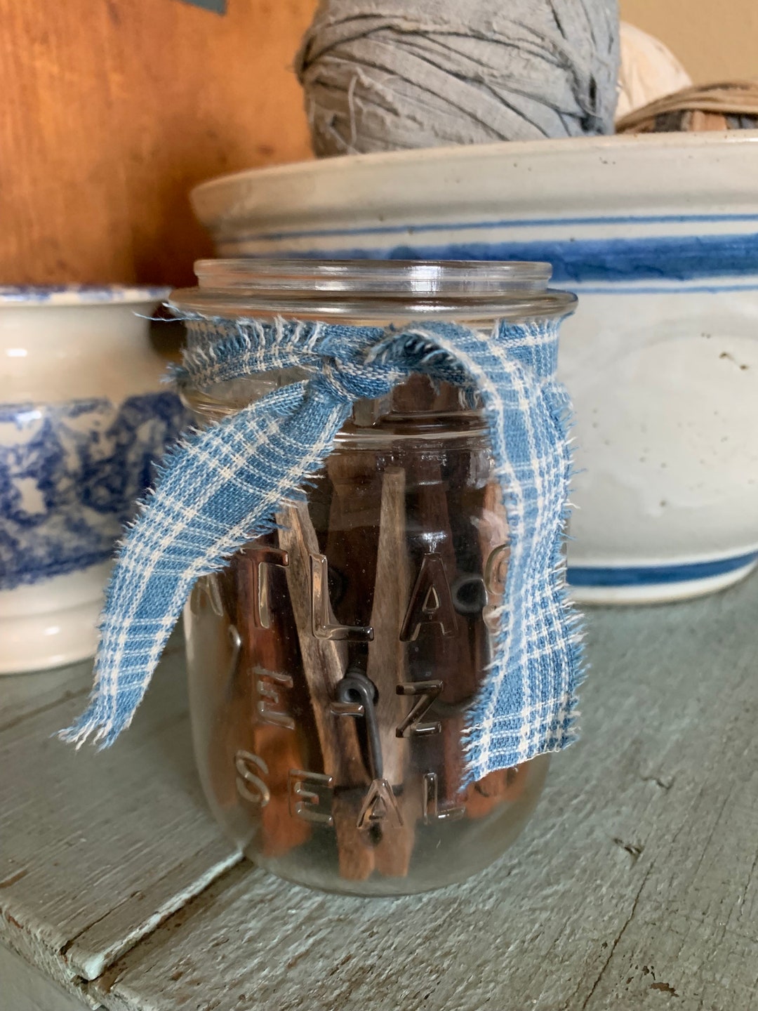 Vintage 12 Wood Clothespins in Altas Jar - Etsy