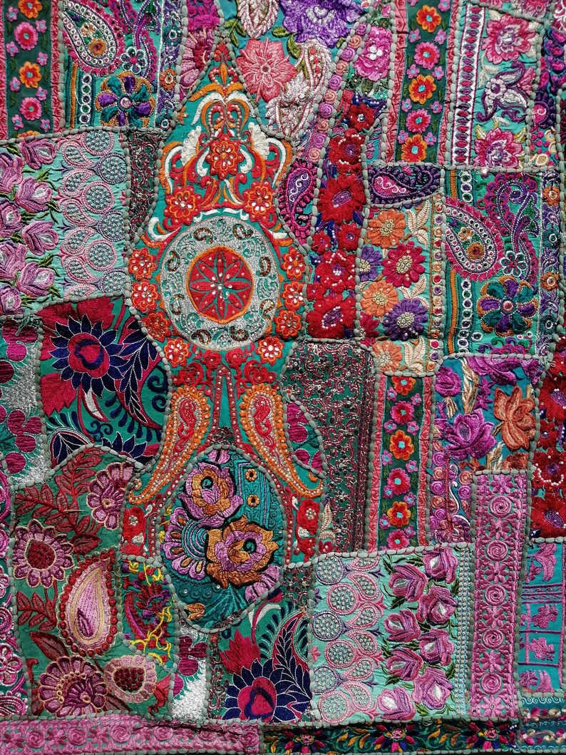 XXL Upcycled Vintage Barmeri Embroidery Teal/pink Tones - Etsy