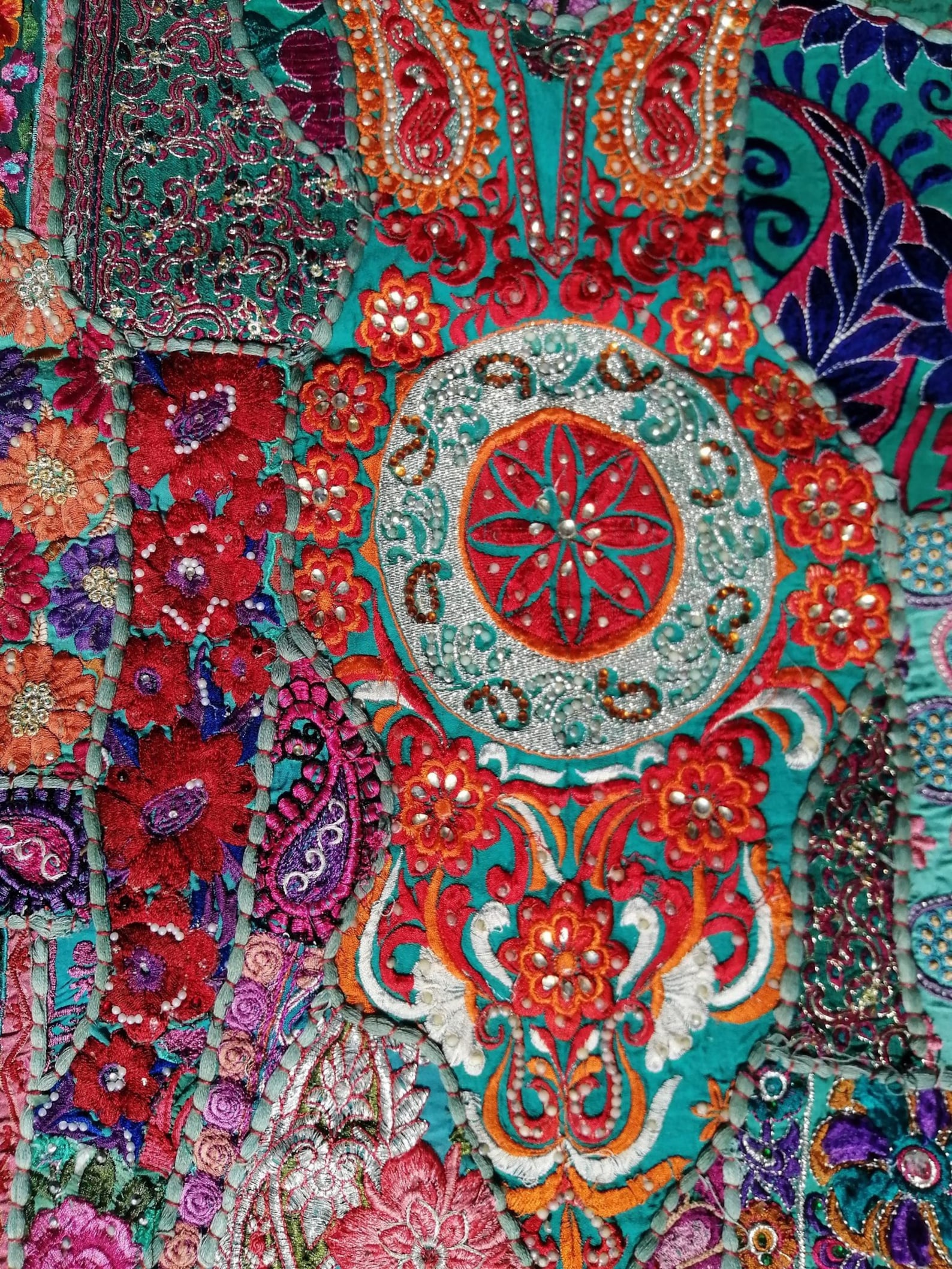 XXL Upcycled Vintage Barmeri Embroidery Teal/pink Tones | Etsy