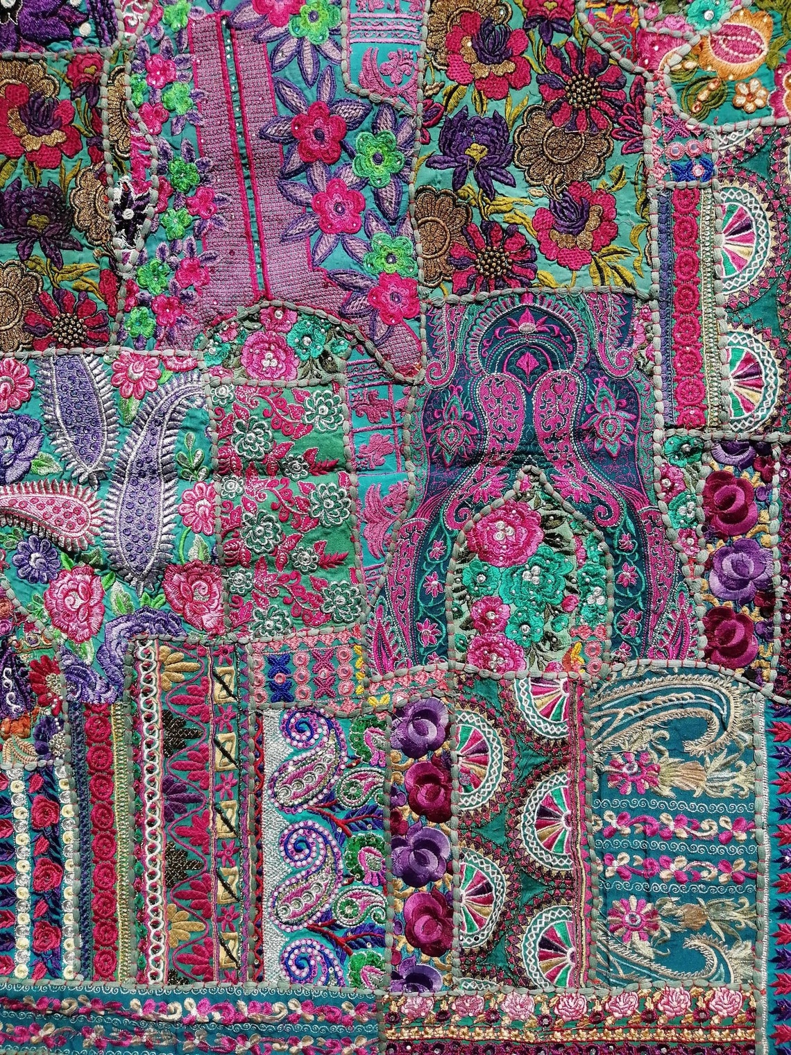 XXL Upcycled Vintage Barmeri Embroidery Teal/pink Tones - Etsy