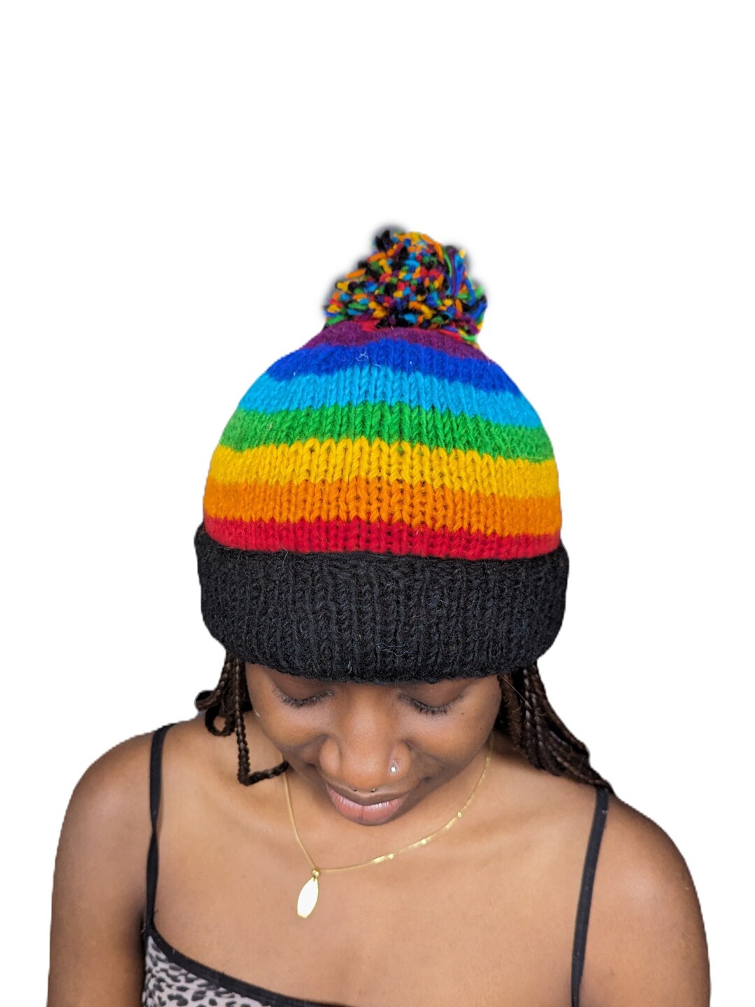 Fair Trade Rainbow With Black Rim Wool Bobble Hat (fleece Lined) - Etsy