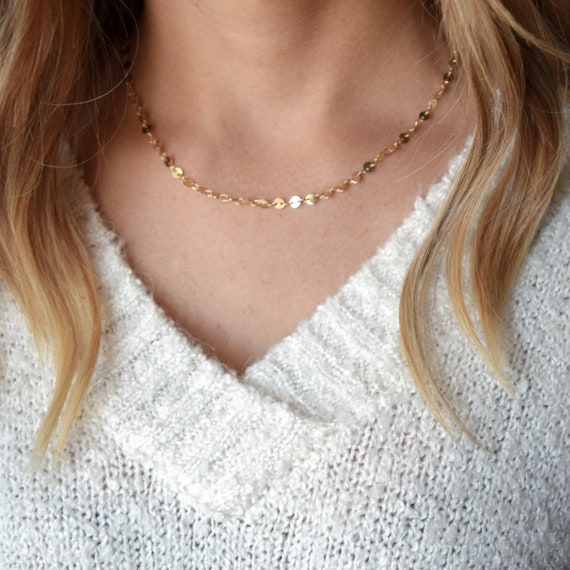 Gold Disc Chain Necklace Simple Sparkly Necklace Minimalist - Etsy