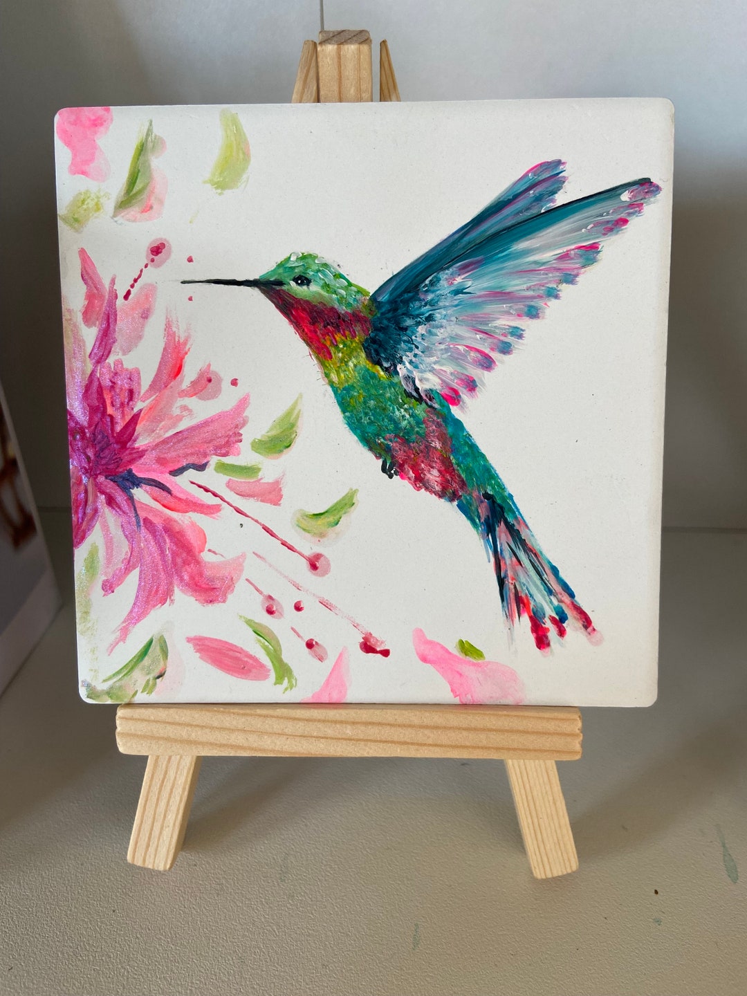 Hand Painted Hummingbird Tile on Mini Easel - Etsy UK