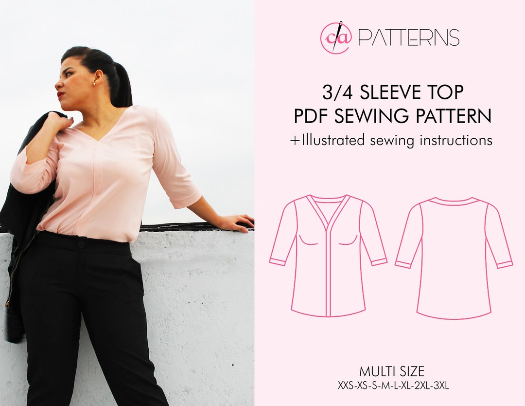 V-NECK TOP PDF Sewing Pattern and Tutorial, 3/4 Sleeve Blouse Digital ...