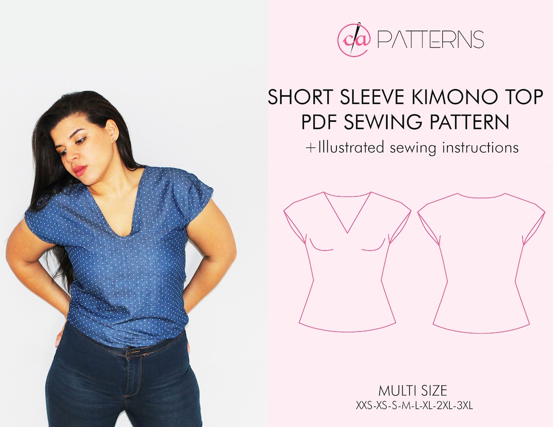Short Sleeve Kimono Top PDF Sewing Pattern, V- Neck Shirt, Kimono Cut ...