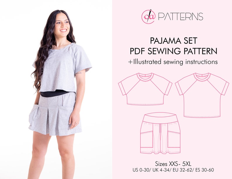 PAJAMA SET PDF Sewing Pattern and Tutorial in Xxs-5xl, Skirt Shorts and ...
