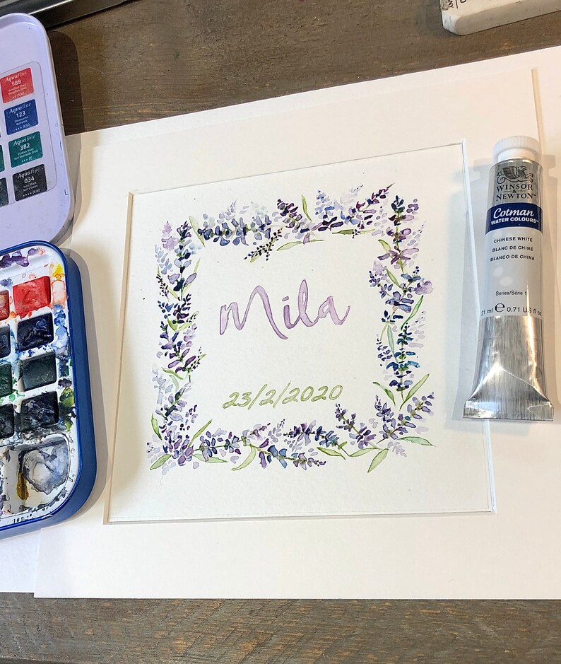Square Original Watercolour Baby Name Painting DOB included | Etsy