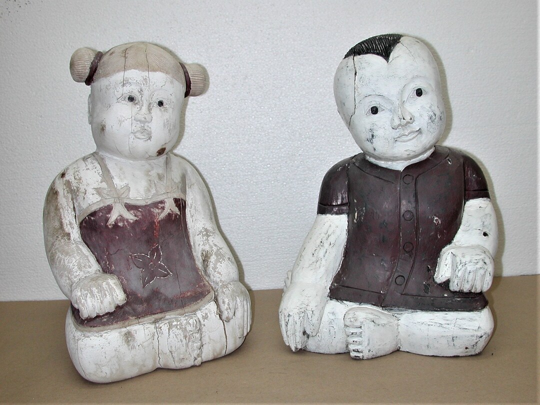 Vintage Large Japanese Boy & Girl Wooden 15" H Carved Statues Sculpture ...