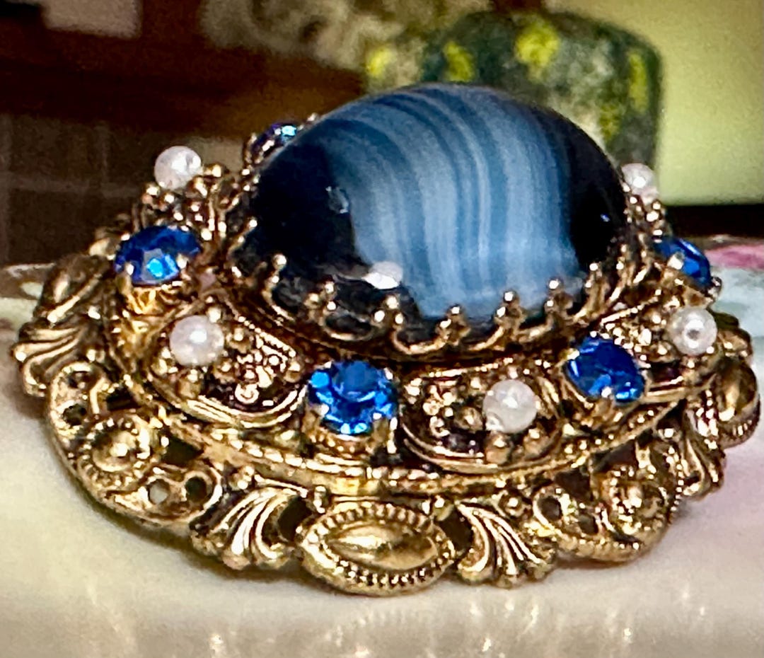 Vintage Blue Porphyry Glass Cabochon and Royal Blue Crystal Rhinestones ...